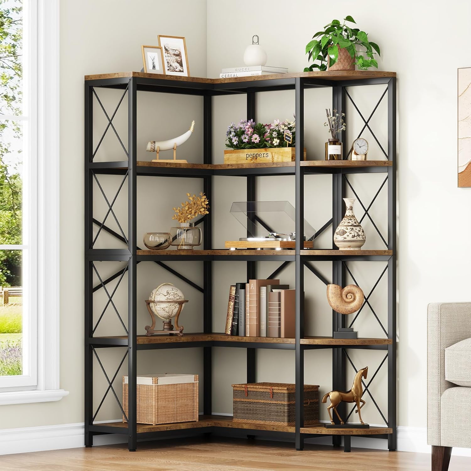 7-Shelf Reversible Corner Bookshelf, Modern Industrial Tall Bookcase, 7 ...