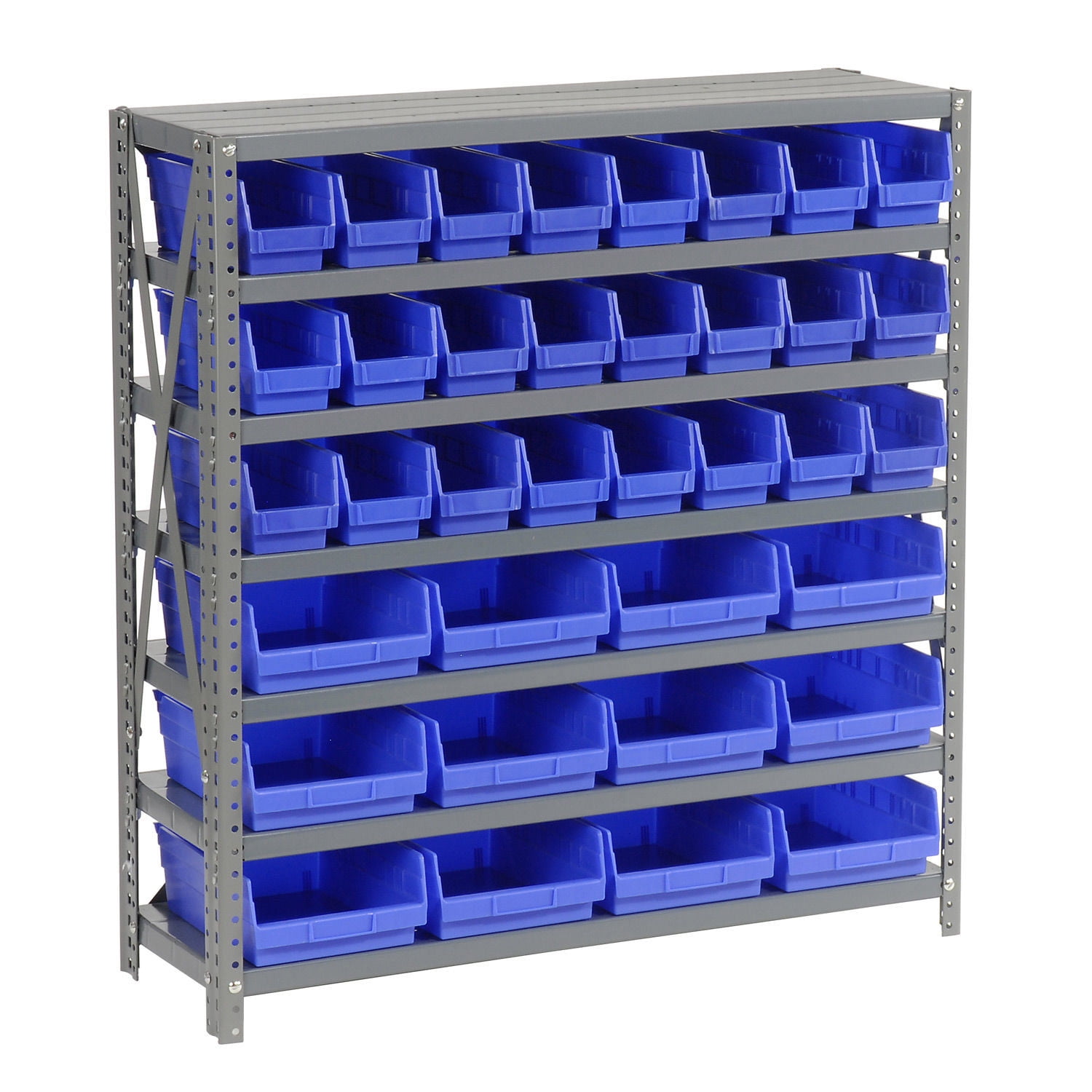 7 Shelf Steel Shelving with (36) 4"H Plastic Shelf Bins, Blue, 36x12x39 ...