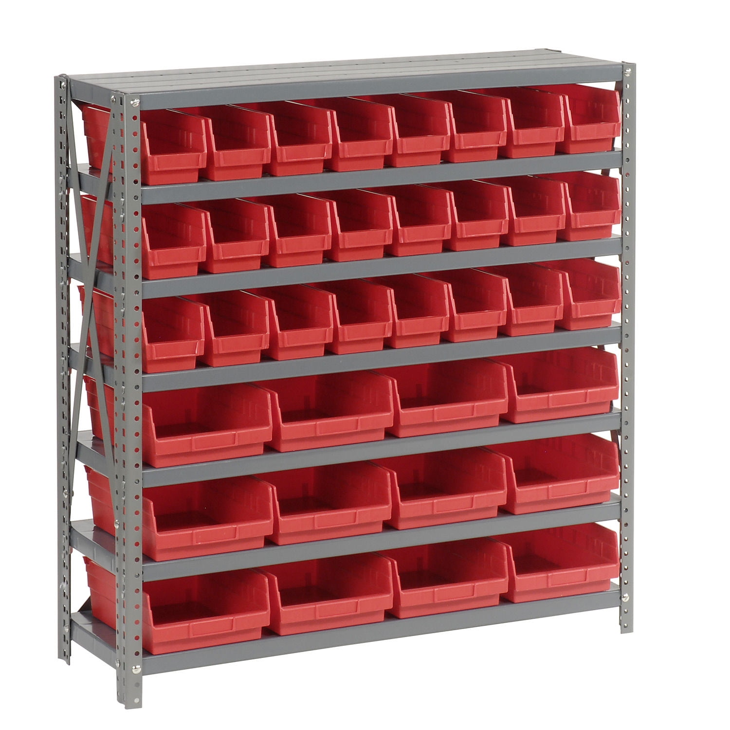 7 Shelf Steel Shelving with (36) 4"H Plastic Shelf Bins, Red, 36x12x39 ...