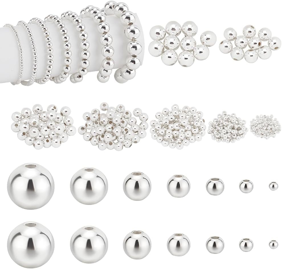 7 Sizes Silver Plated Beads 330pcs Seamless Smooth Round Beads Silver ...