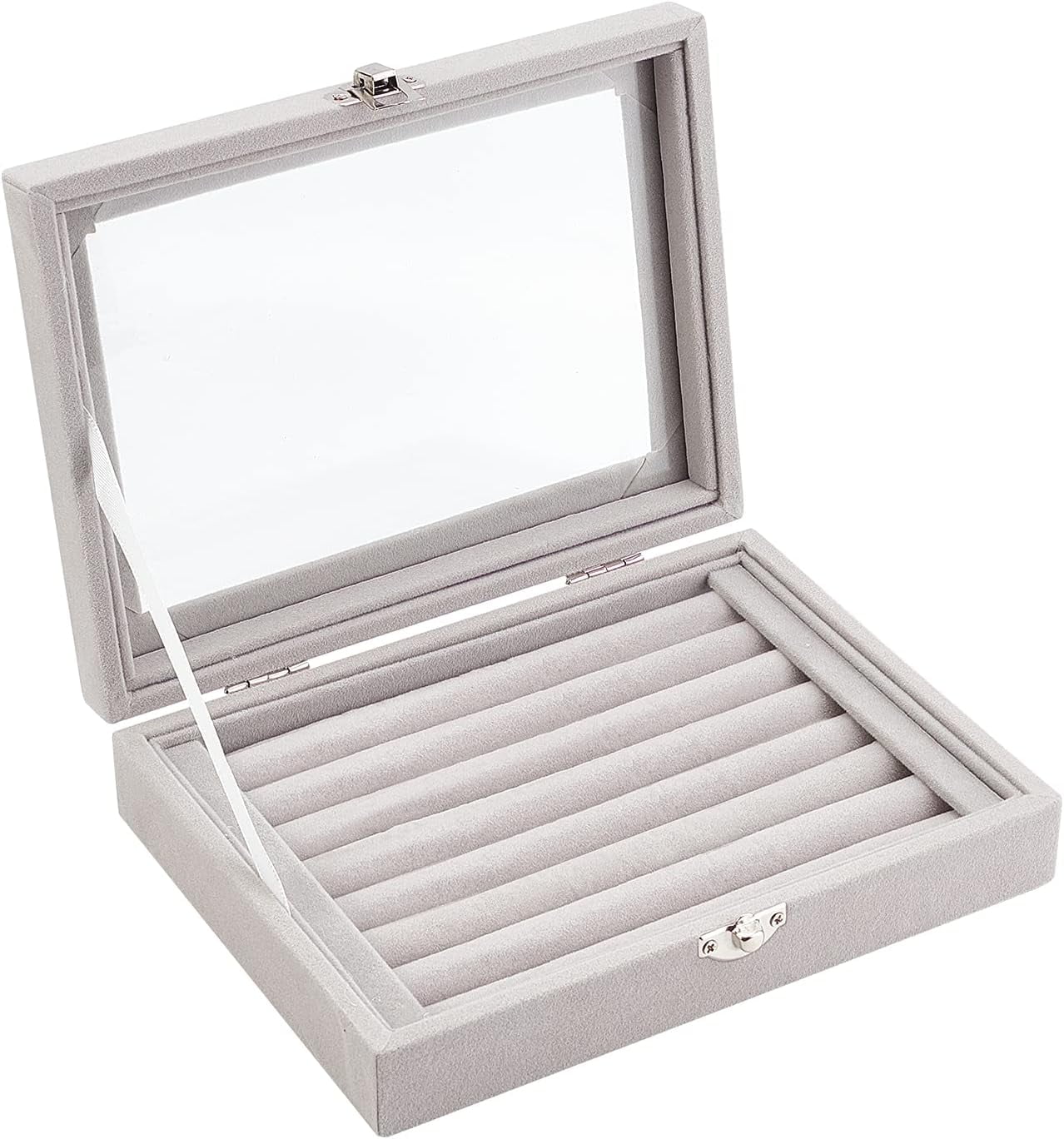 7 Slots Velvet Jewelry Storage Box with Glass Visual Window Light Gray ...