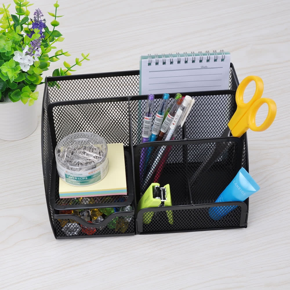 7 Storage Compartments Multi-functional Mesh Desk Organizer Pen Holder ...