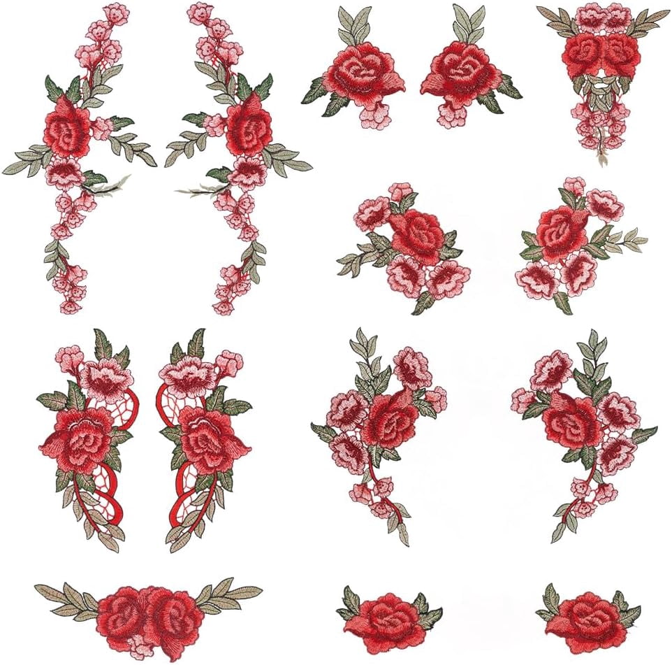 7 Styles 14 Pcs Rose Embroidery Applique Red Flower Sewing on Patches ...