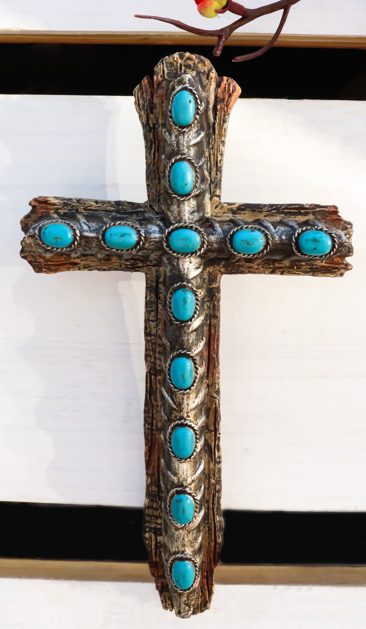 7"Tall Rustic Western Faux Distressed Wood Wall Cross With Turquoise ...