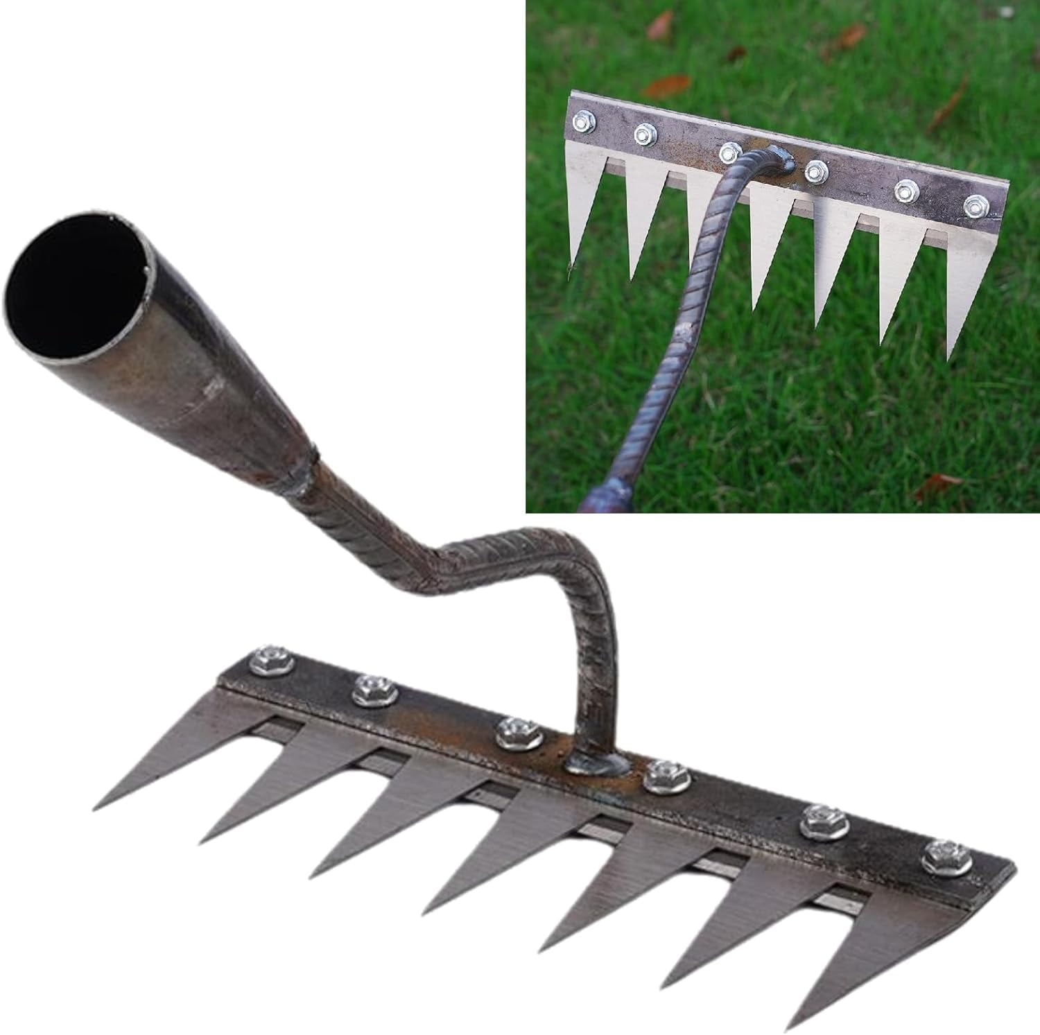 7 Teeth Carbon Steel Garden Weeding Rake, Iron Rake for Gardening and ...