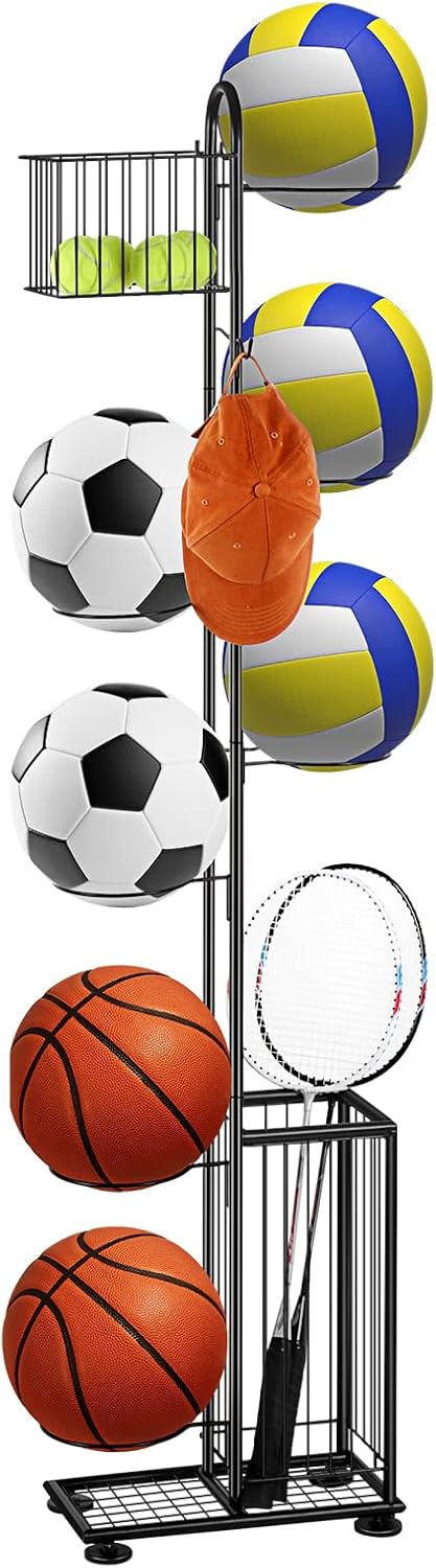 7 Tier Basketball Ball Storage Rack, Freestanding Basketball Holder ...