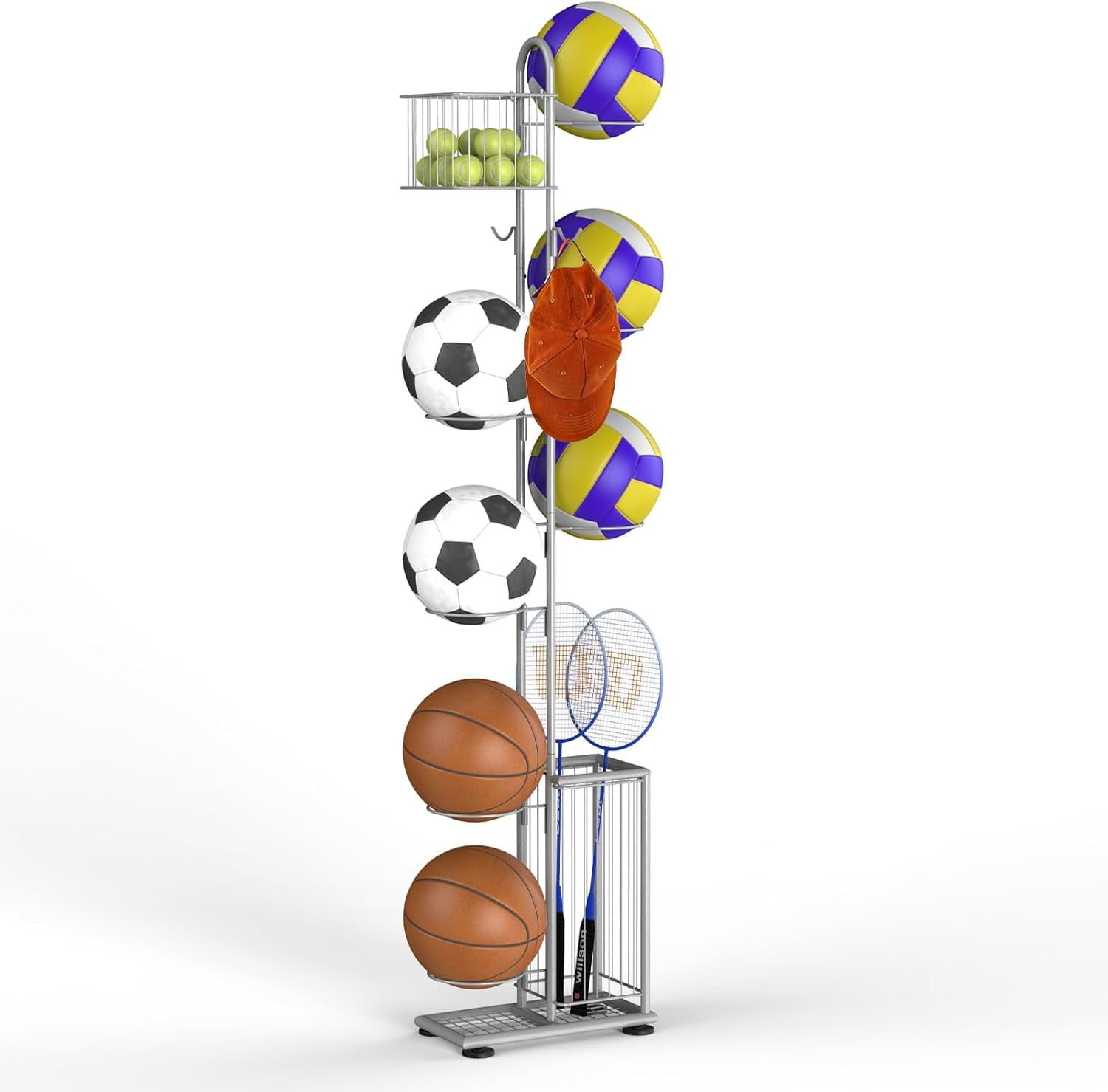 7 Tier Basketball Ball Storage Rack, Freestanding Basketball Holder ...