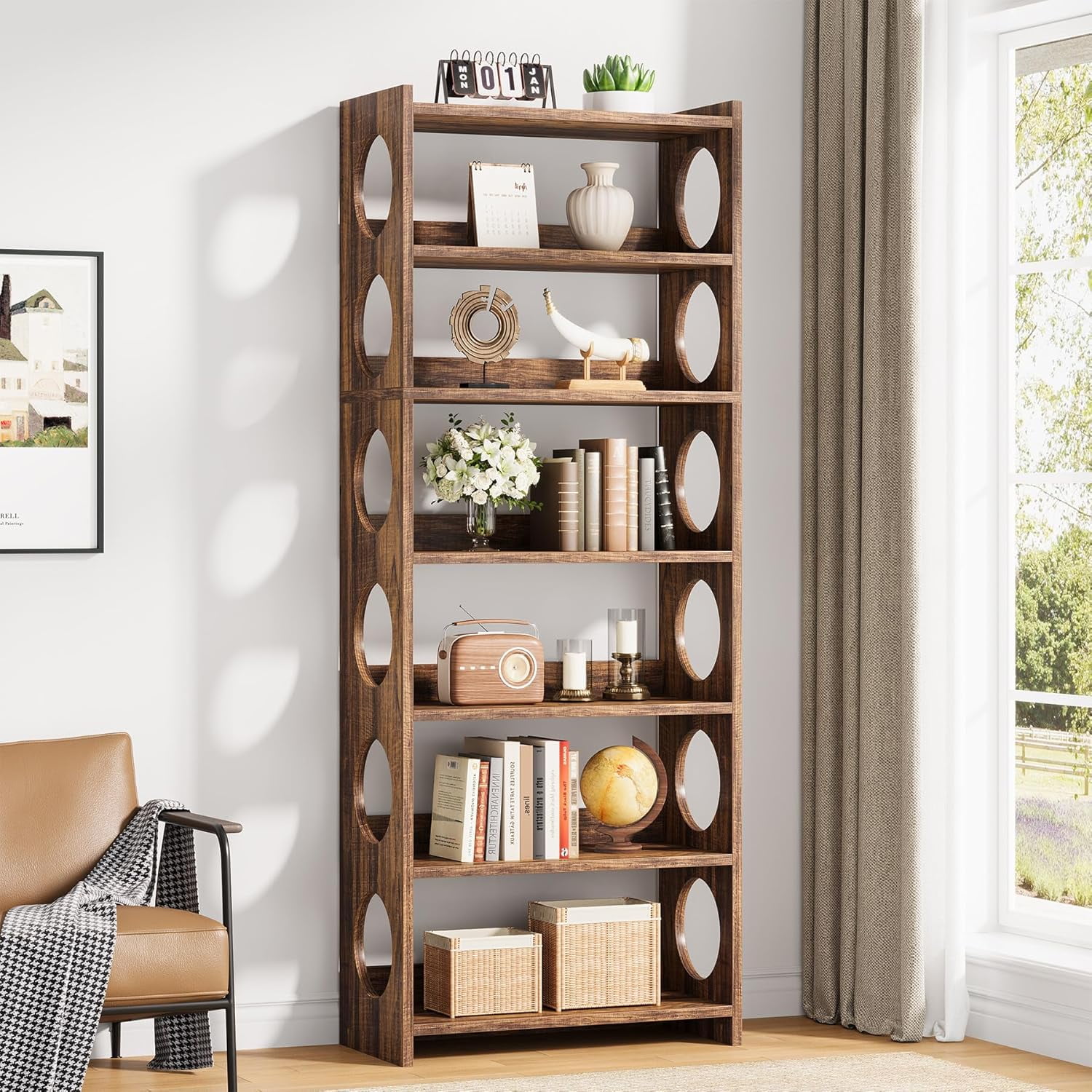 7-Tier Bookcase, 71 inch Tall Bookshelf with Storage Shelves, Rustic ...