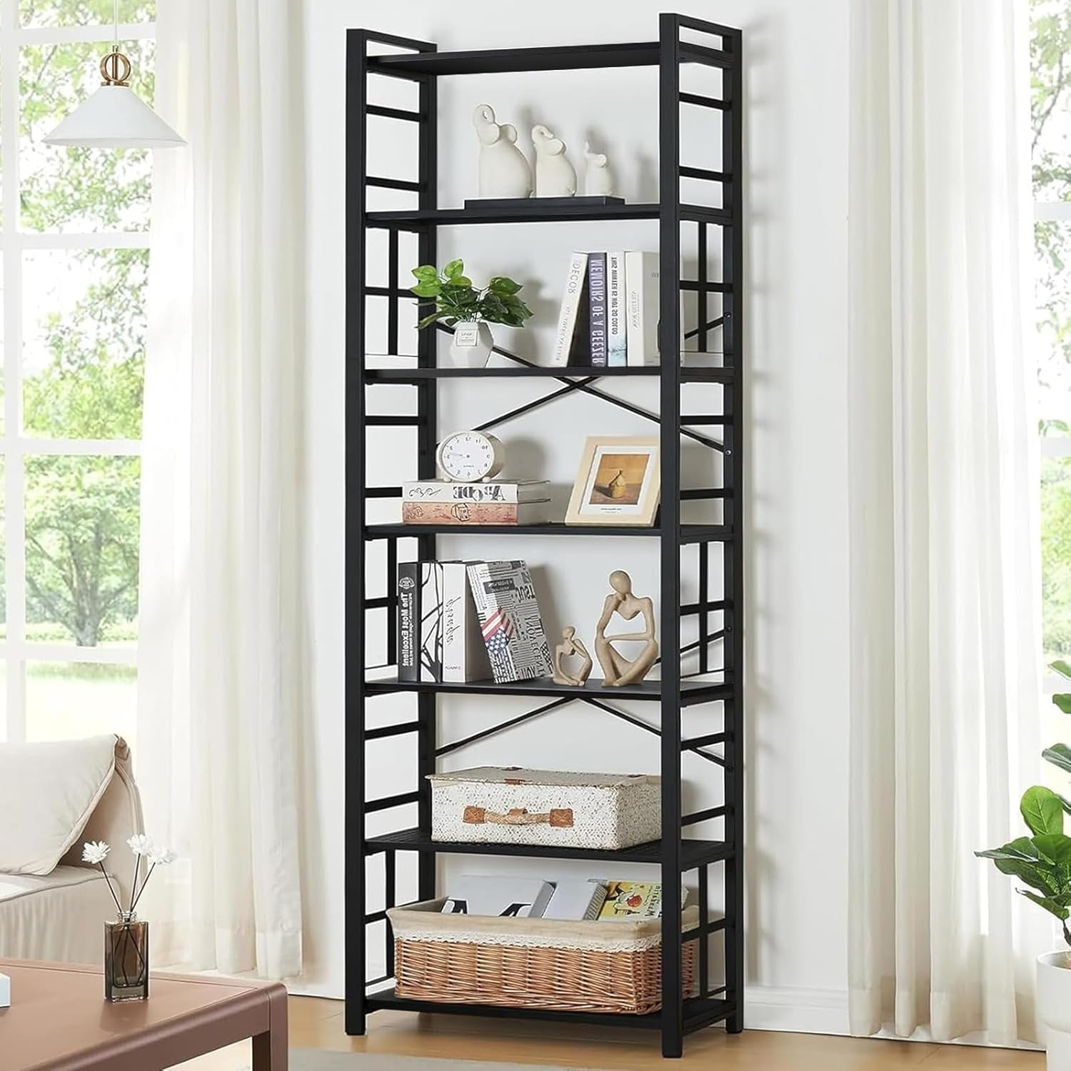 7 Tier Bookshelf,84 inch Tall Industrial Bookcase with Metal Frame and ...