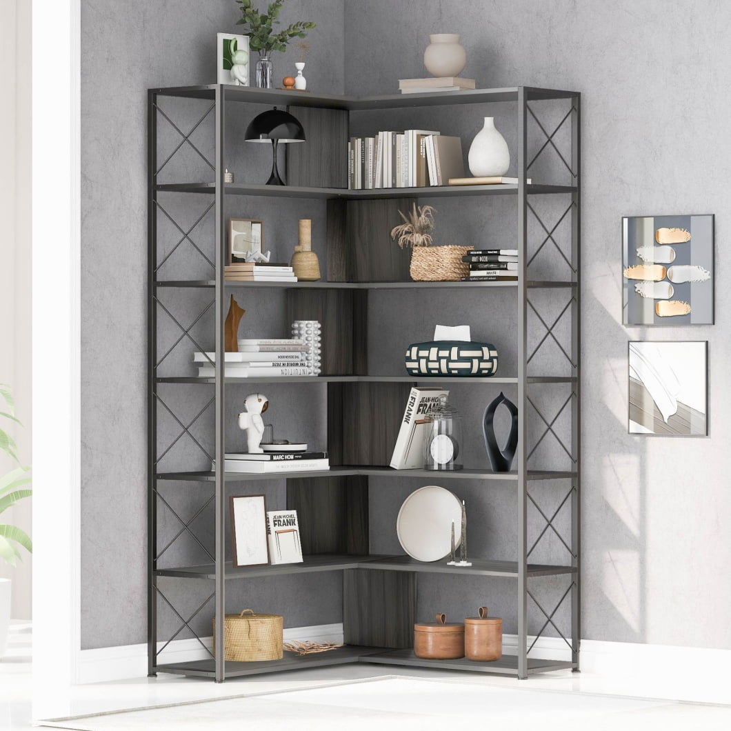 7-Tier Bookshelf, L-Shaped Corner Bookcase with Metal & X-shaped Bar ...