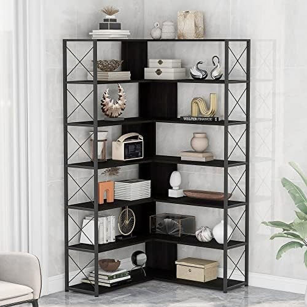 7-Tier Bookshelf L-Shaped Corner Bookcase with Open Shelves Industrial ...