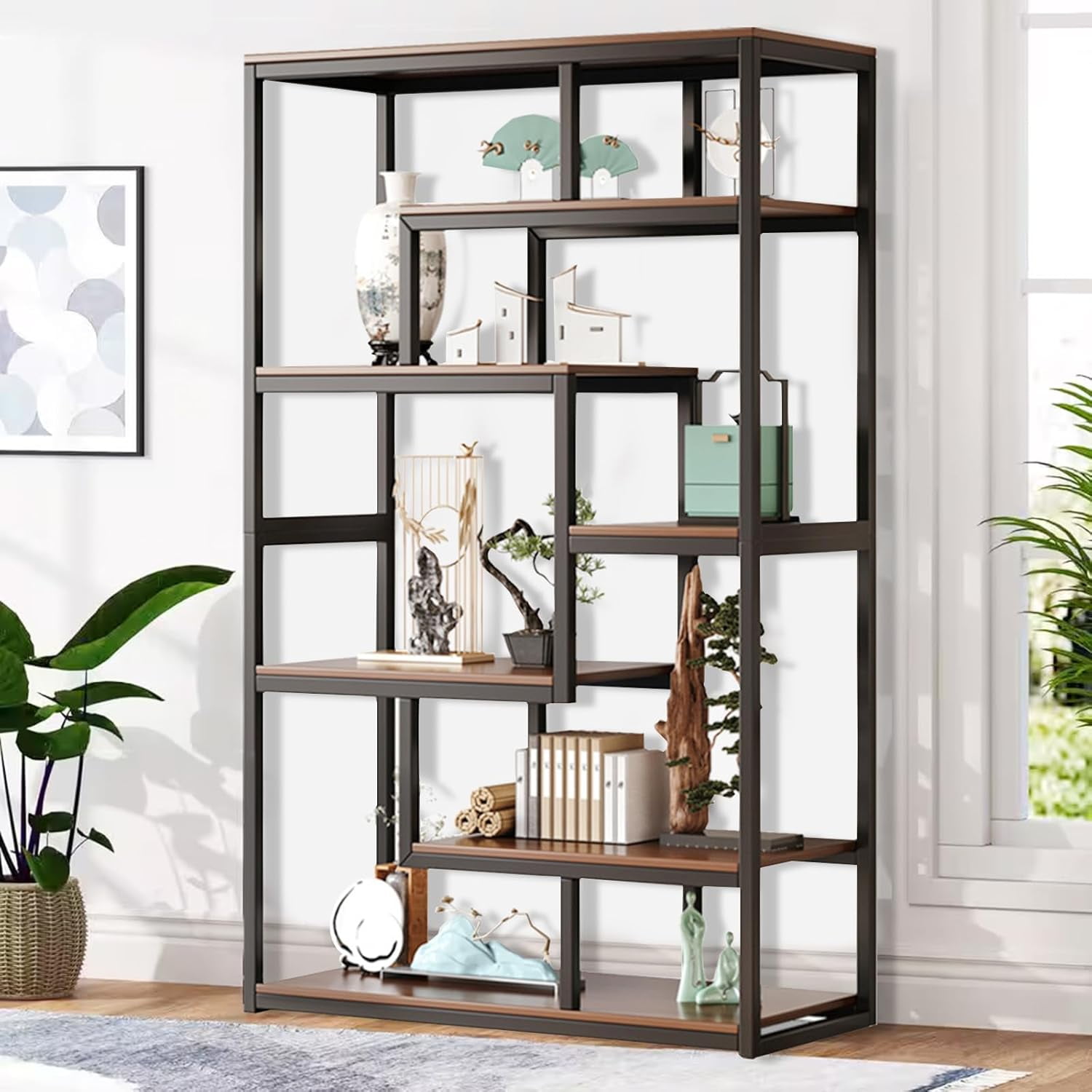 7 Tier Bookshelf, Modern Bookshelf with Metal Frame, Large Open ...