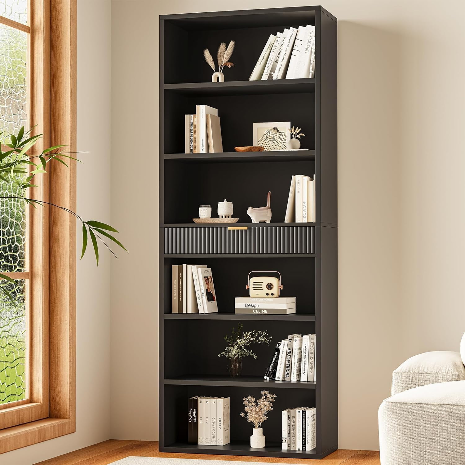 7-Tier Bookshelf with Storage, 72" Tall Bookcase with Drawer, Display ...