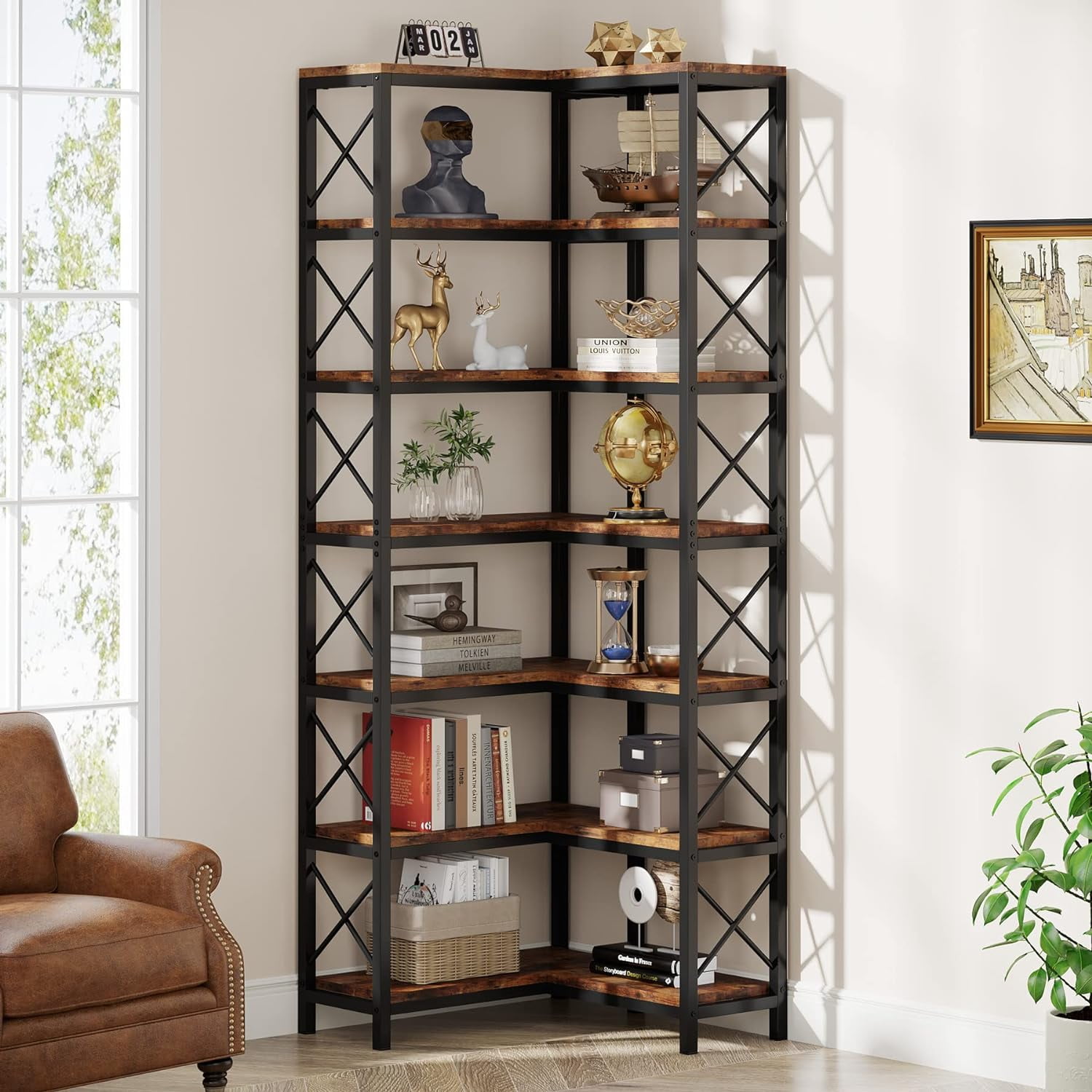 7-Tier Corner Bookcase Large Corner Bookshelf 7-Shelf Tall Corner Shelf ...