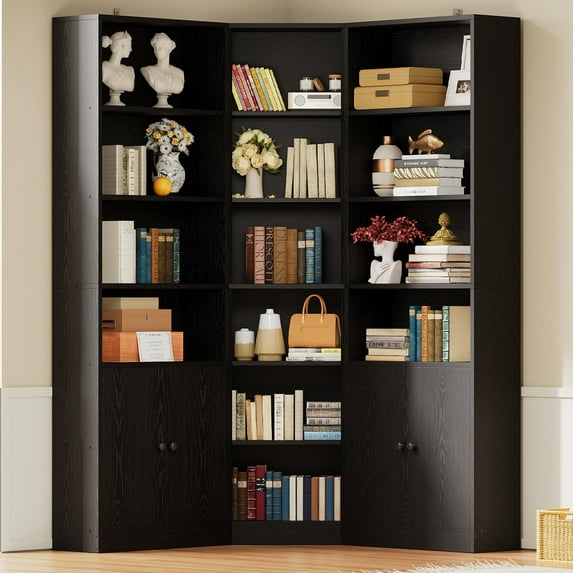 7-Tier Corner Bookcase and Storage Cabinet Combo, 71" Height for Books ...