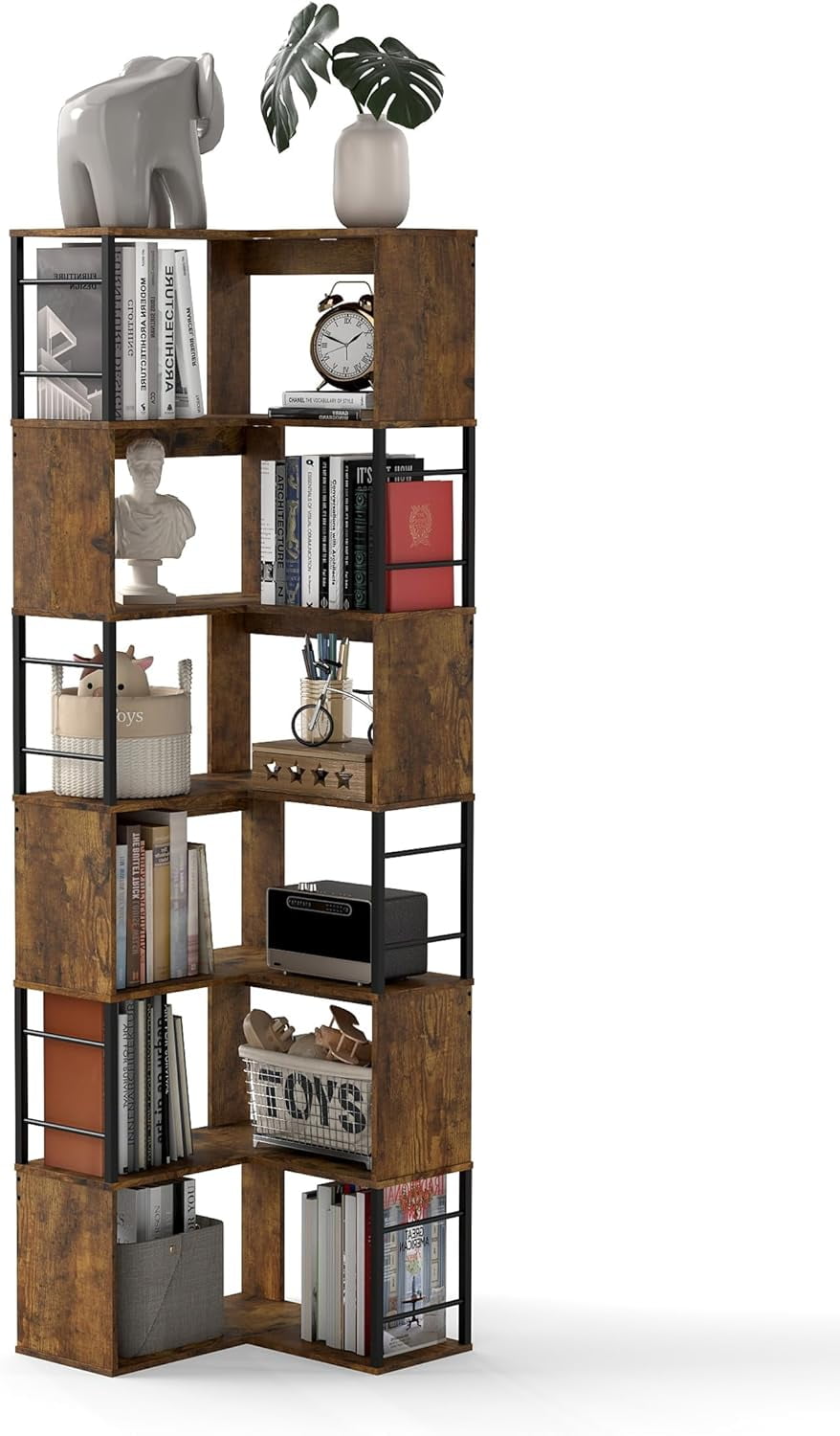 7 Tier Corner Bookshelf 74 Inches Tall Corner Bookcase Industrial L ...
