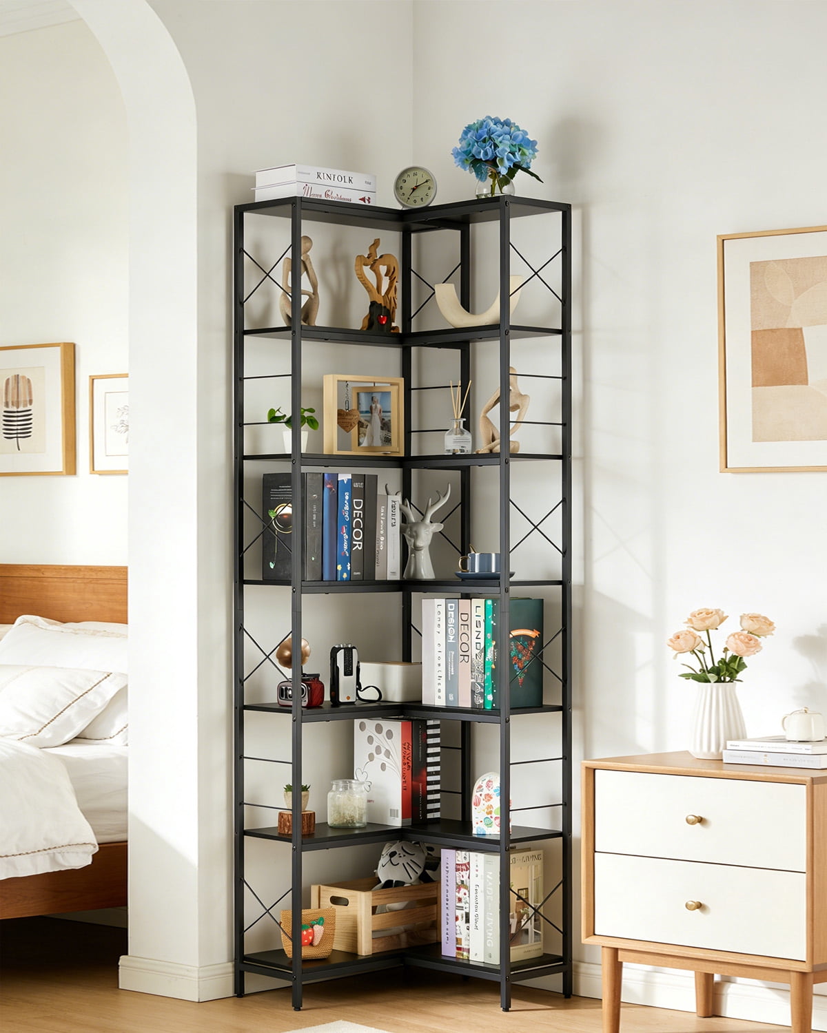 7 Tier Corner Bookshelf, 78"H L-Shaped Open Bookcase with Metal Frame ...