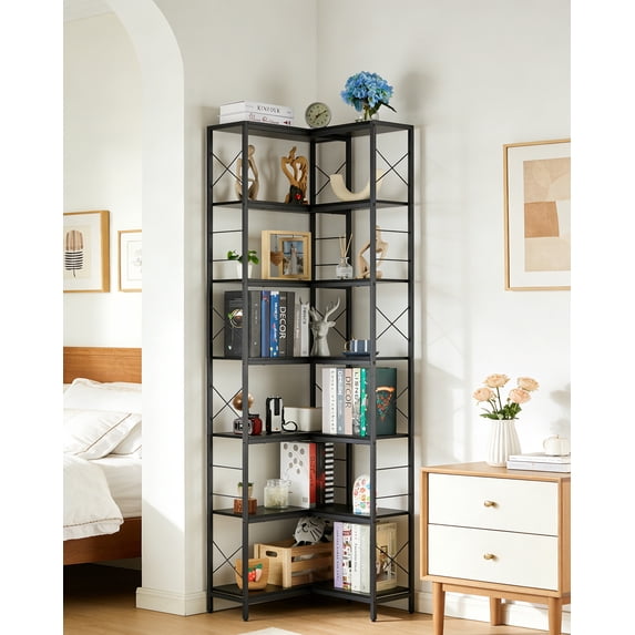 7 Tier Corner Bookshelf, 78"H L-Shaped Open Bookcase with Metal Frame ...