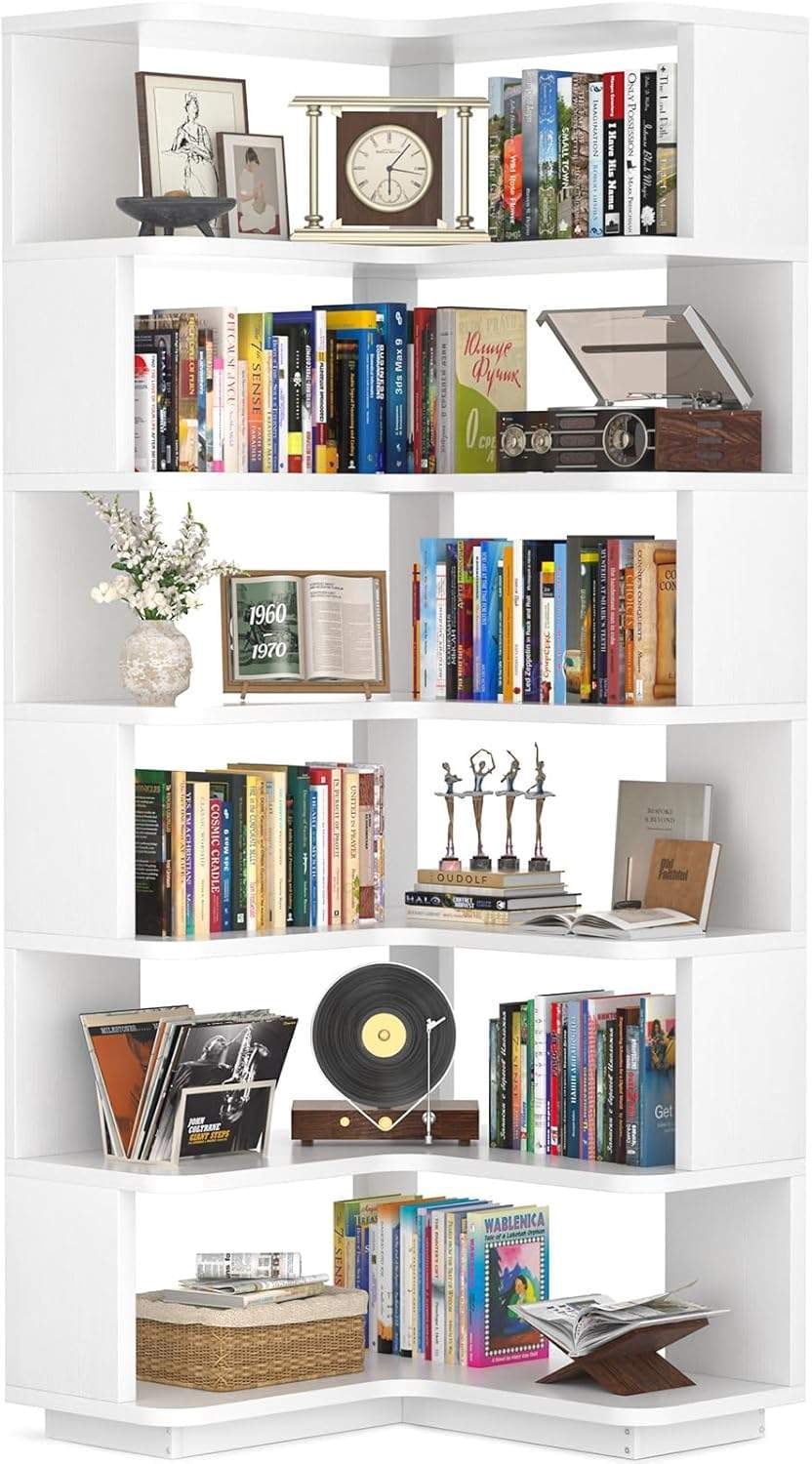 7-Tier Corner Bookshelf - Freestanding L-Shaped Display Shelf for Home ...