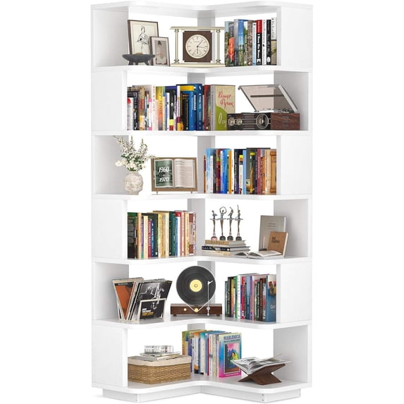 7-Tier Corner Bookshelf - Freestanding L-Shaped Display Shelf for Home ...