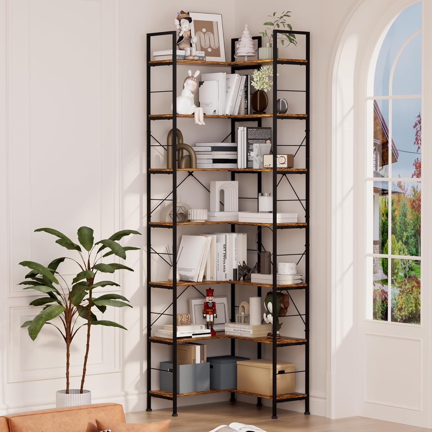 7-Tier Corner Bookshelf, Reversible Wooden Shelves, Industrial Bookcase ...