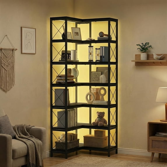 7 Tier Corner Bookshelf with LED Lights, 78.7” High Corner Shelf ...