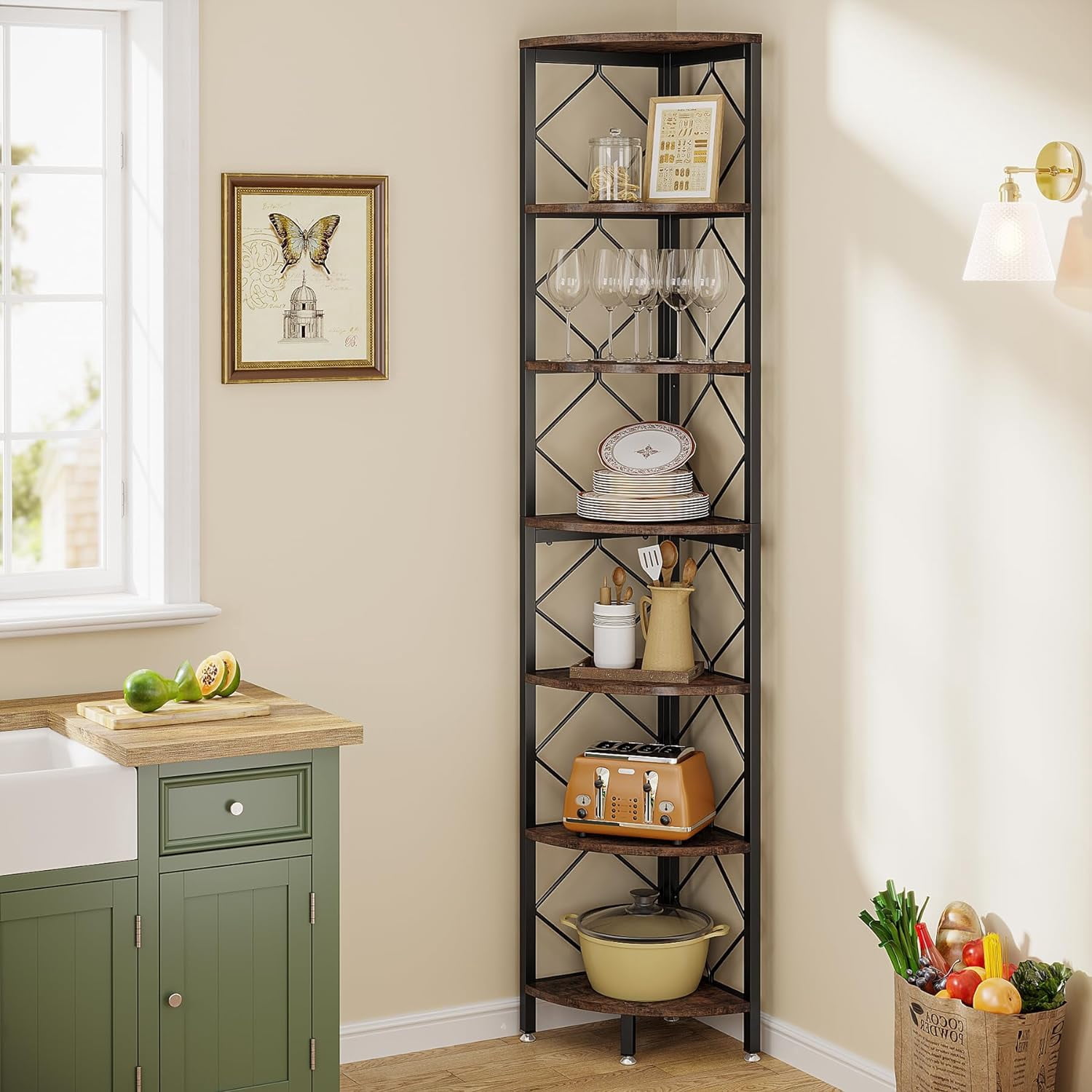 7-Tier Corner Shelf, 78.7”, Industrial Slim Corner Bookshelf for Small ...