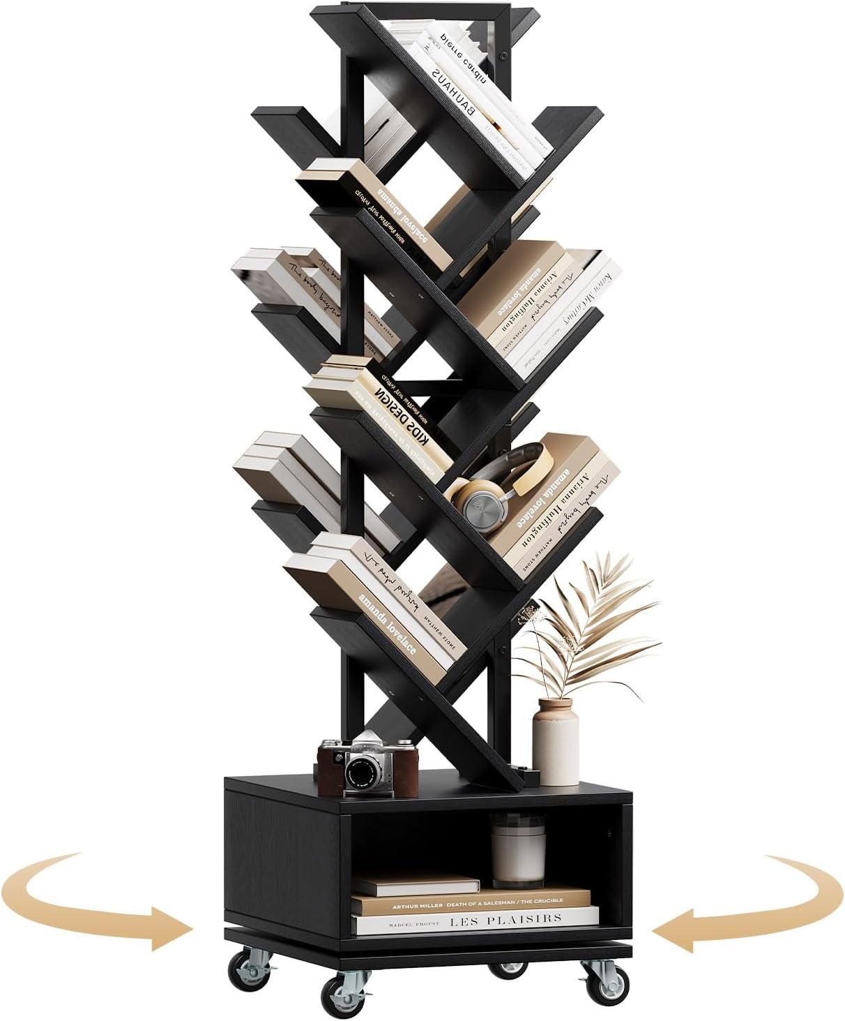 7 Tier Double Sided Rotating Tree Book Shelf, Floor Standing Wood ...