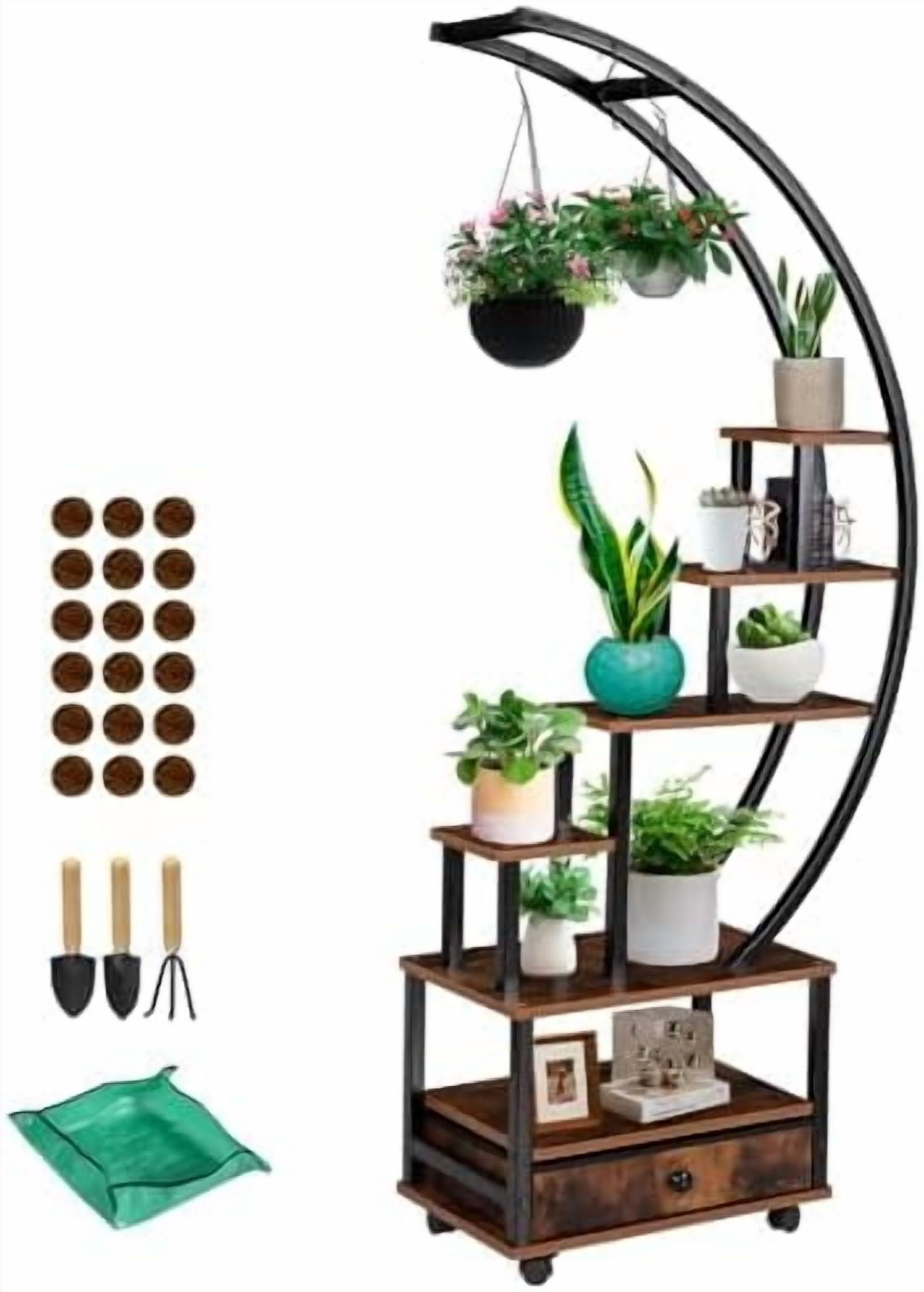 7-Tier Half Moon Indoor Plant Stand with Lockable Wheels,71” Tall Plant ...