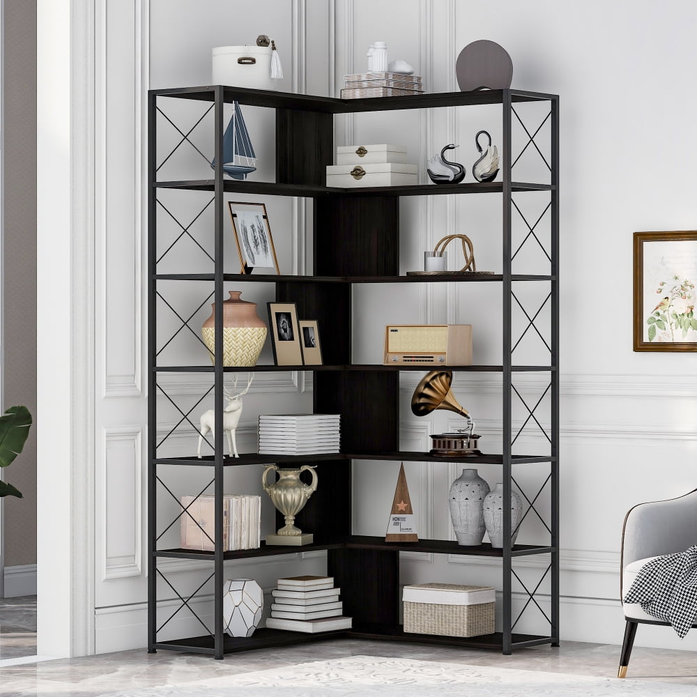 7-Tier Home Office Storage Shelves, L-Shaped Corner Bookcase with Metal ...