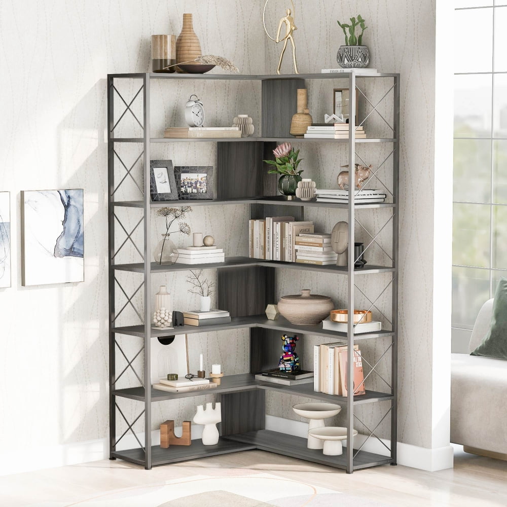 7-Tier Home Office Storage Shelves, L-Shaped Corner Bookcase with Metal ...