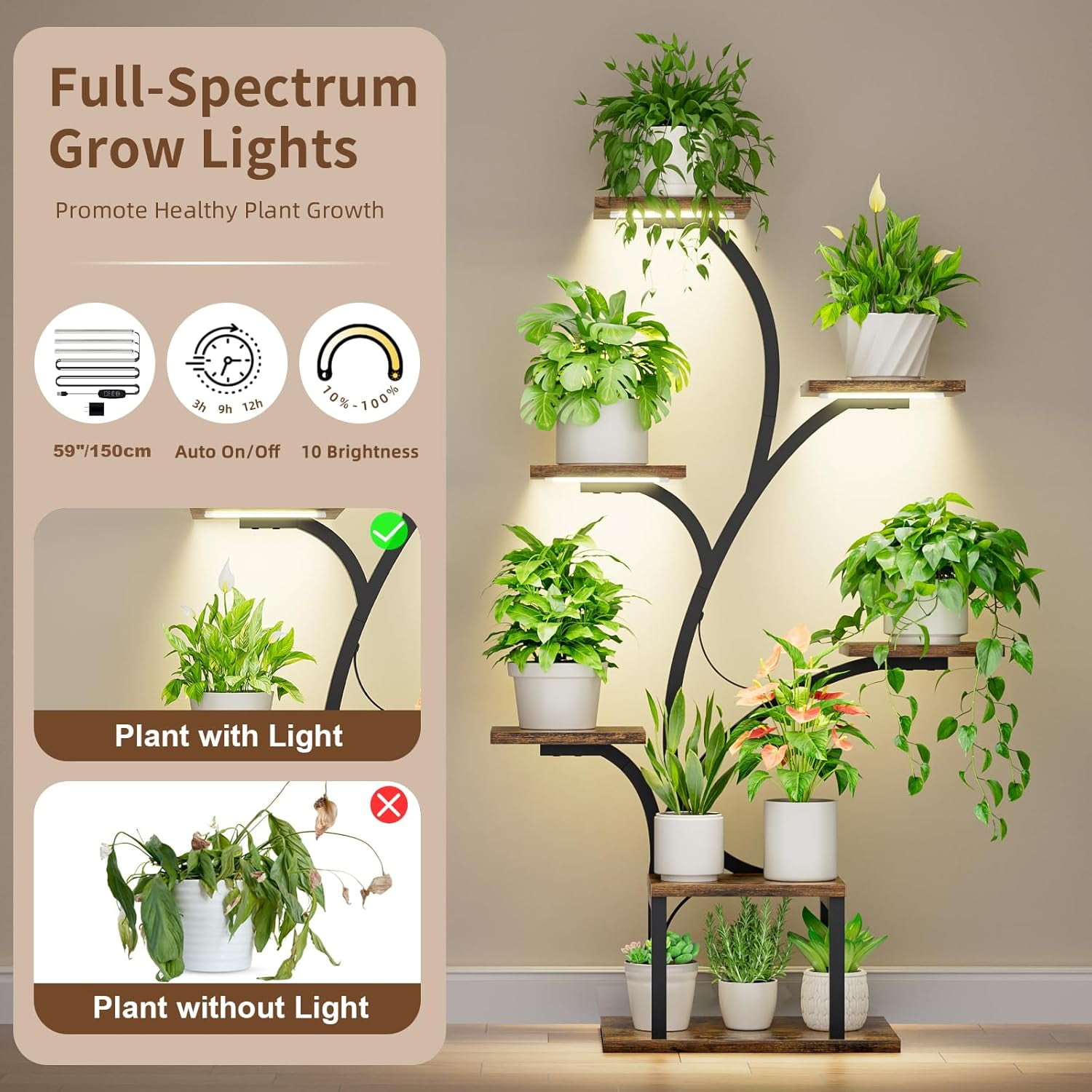 7-Tier Indoor Plant Stand with Grow Lights, 49" Corner Metal Plant ...