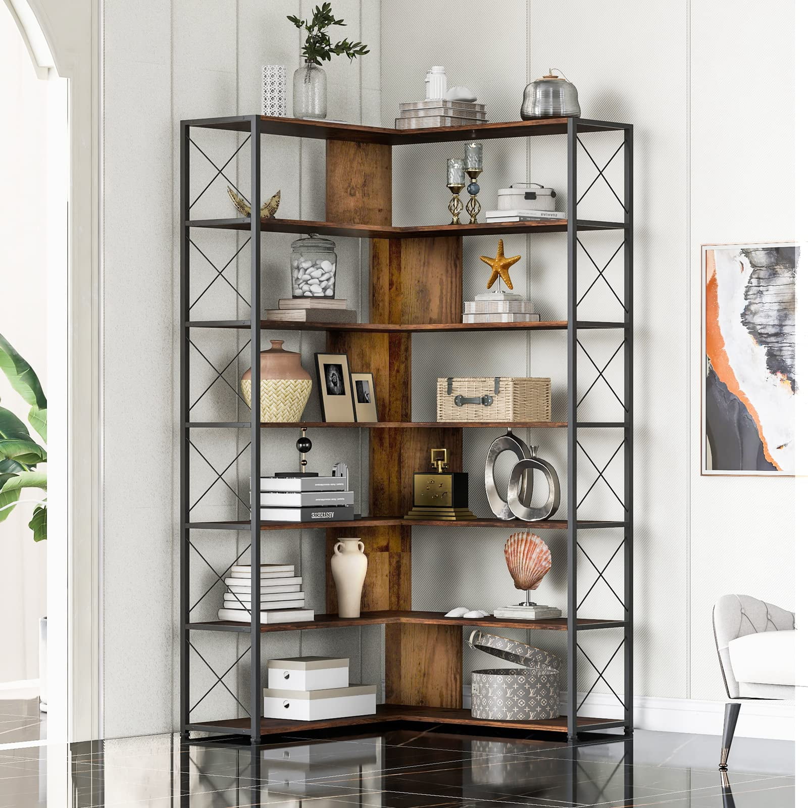 7 Tier Industrial Corner Bookshelf, Vintage Large L Shaped Bookshelf ...
