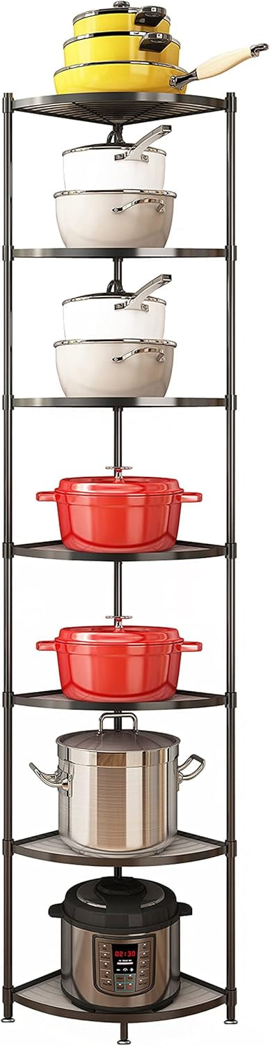 7-Tier Kitchen Corner Shelf Adjustable Pot Rack, Cookware Free Standing ...
