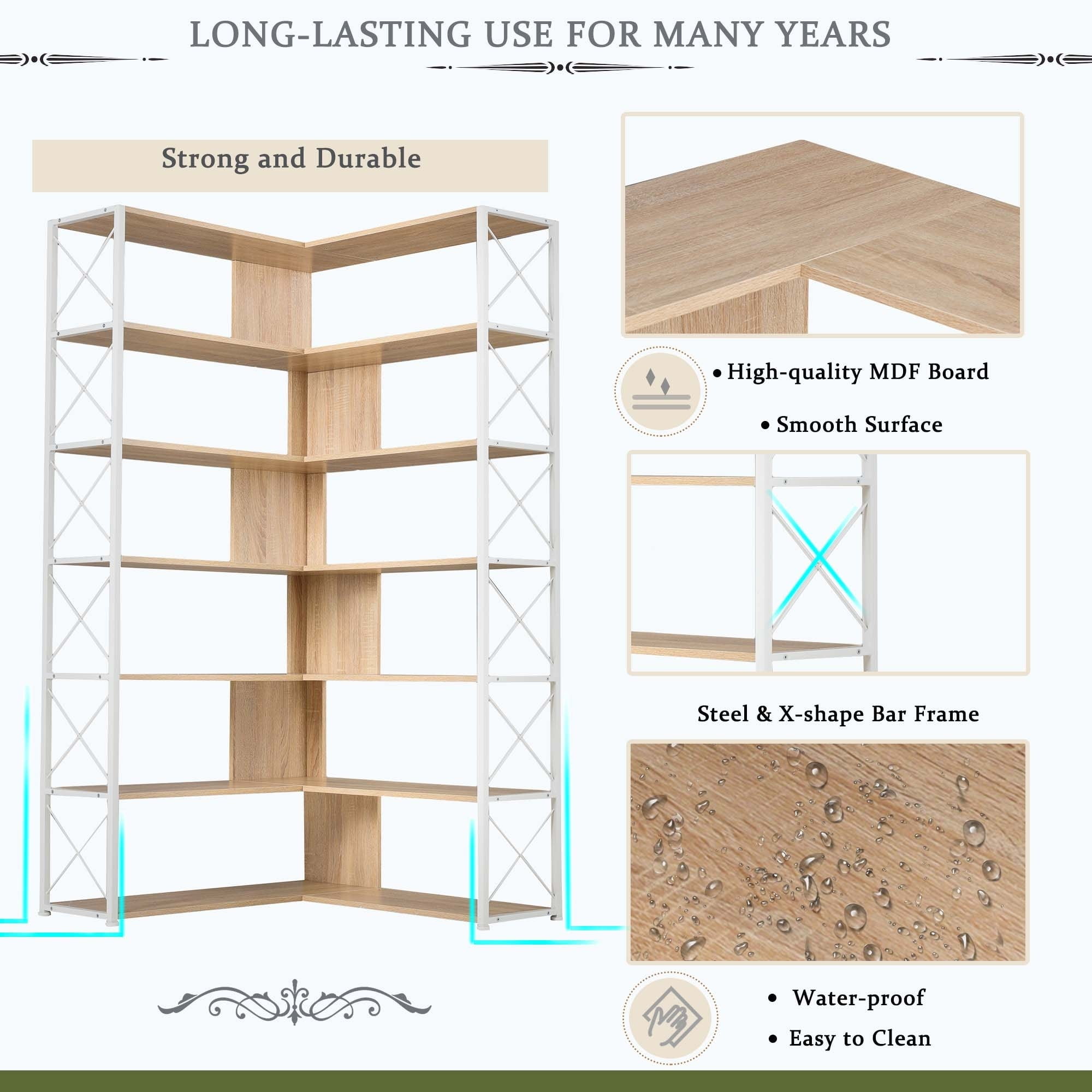 7-Tier L-Shaped Corner Bookcase with Open Storage Oak+White - Walmart.com