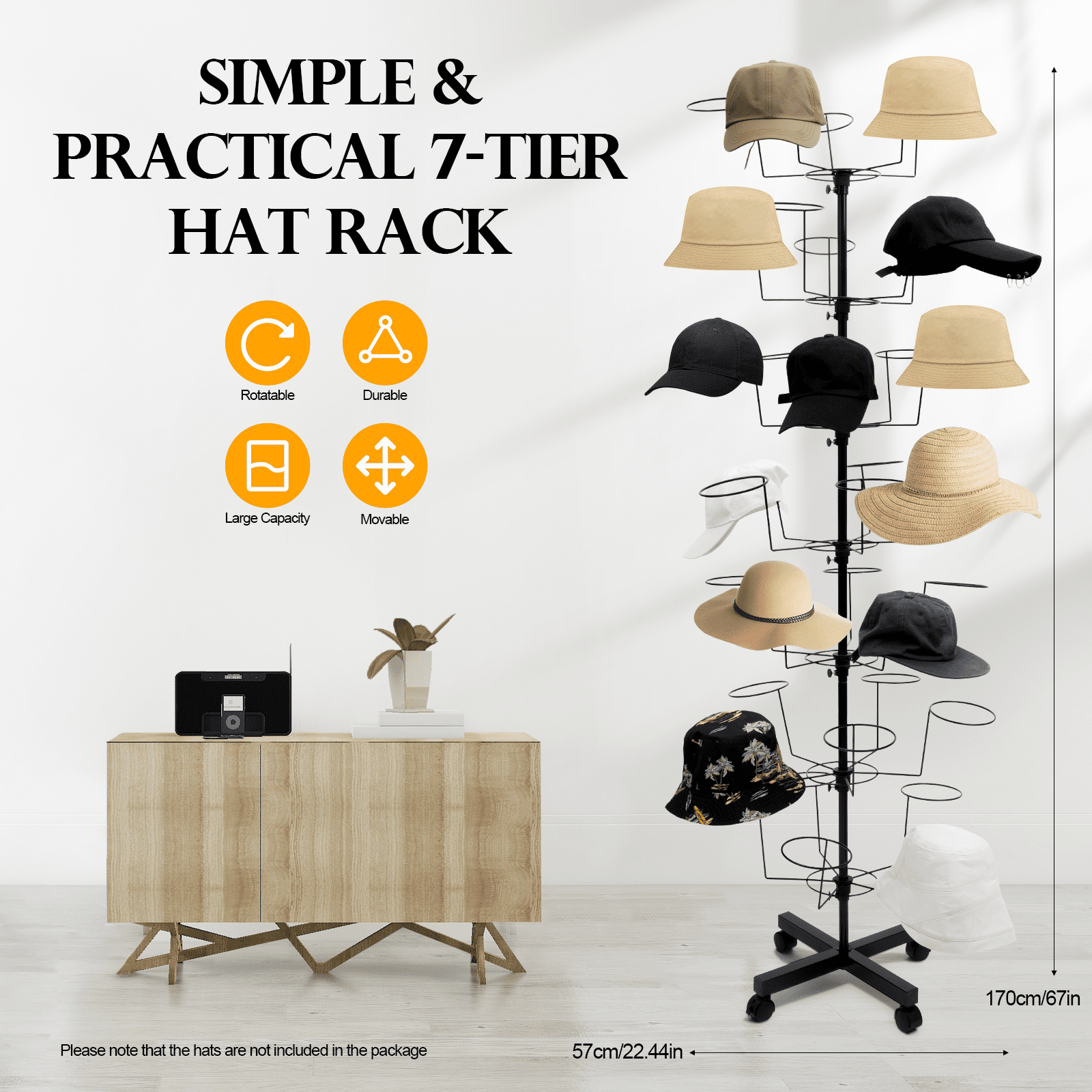 7-Tier Metal Hat Cap Display Stand Hanger Rack Rotating Adjustable 35 ...