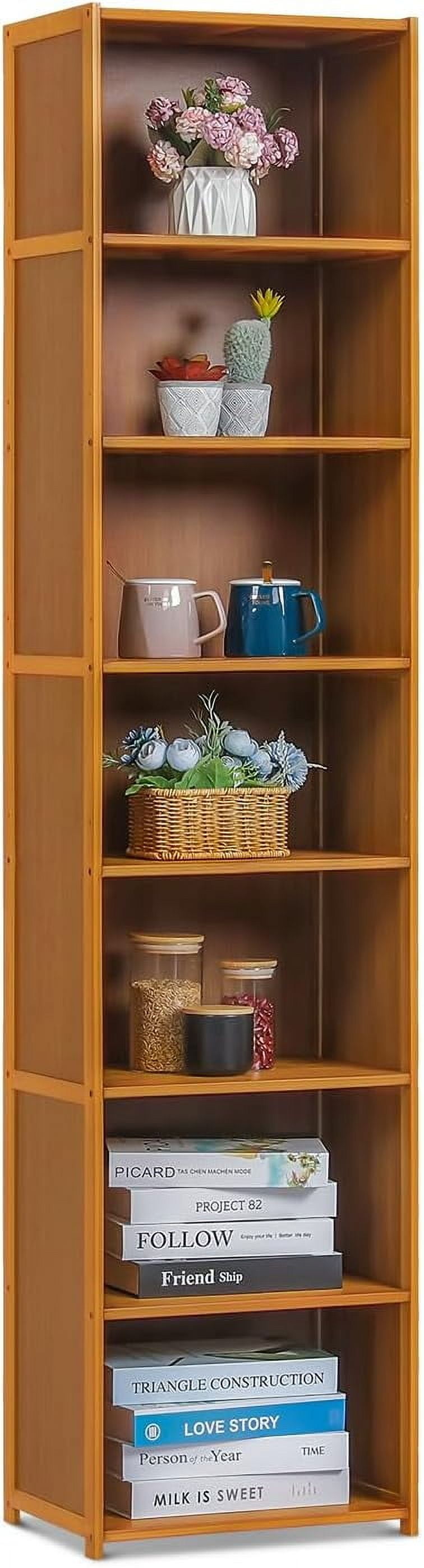 7 Tier Narrow Bookshelf Bookcase Tall Free-Standing Space-Saving Narrow ...