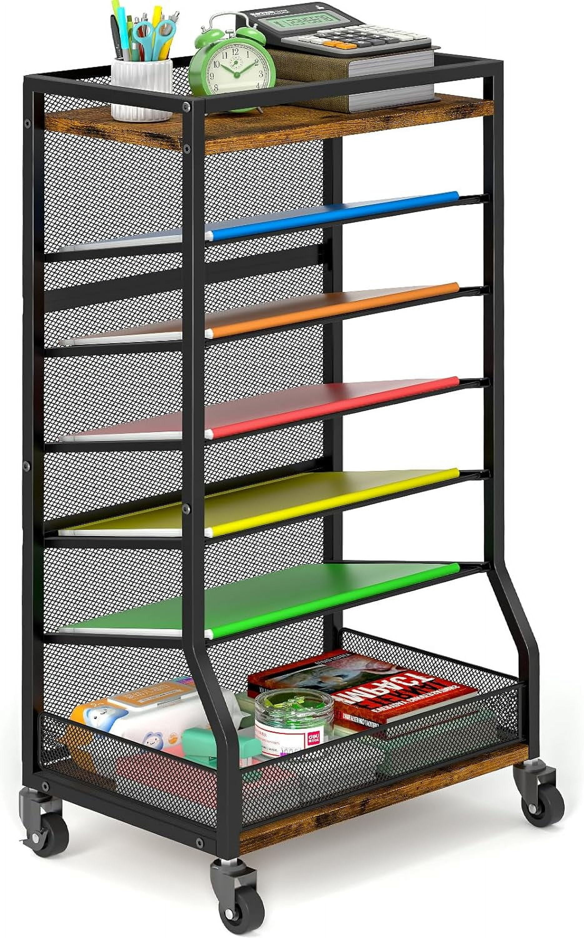 7 Tier Rolling File Cart with Sliding Trays, Wood Metal File Organizer ...