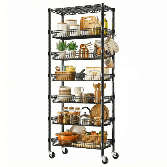 7-Tier Rolling Pantry Organizer,14"D x 30"W x 72"H Metal Storage Cart ...