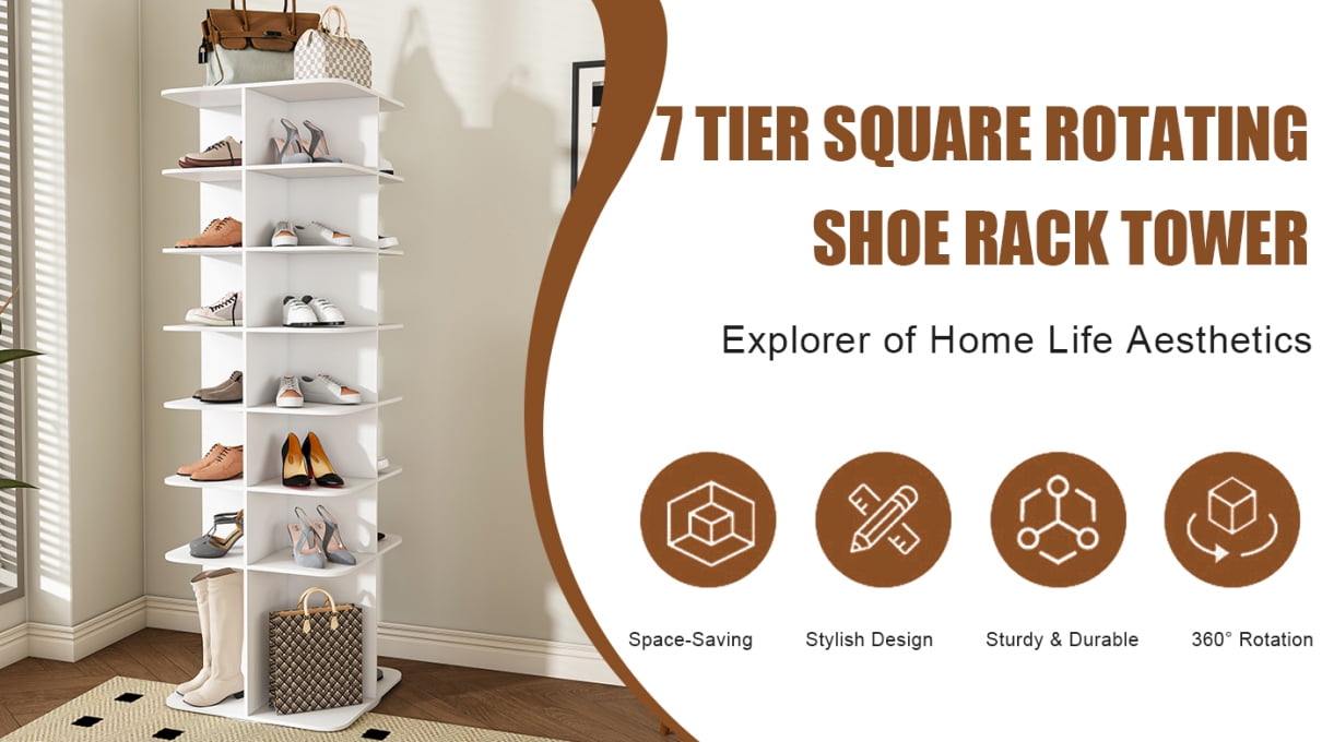 7-Tier Rotating Shoe Rack Tower, 360° Revolving Shoe Organizer with ...