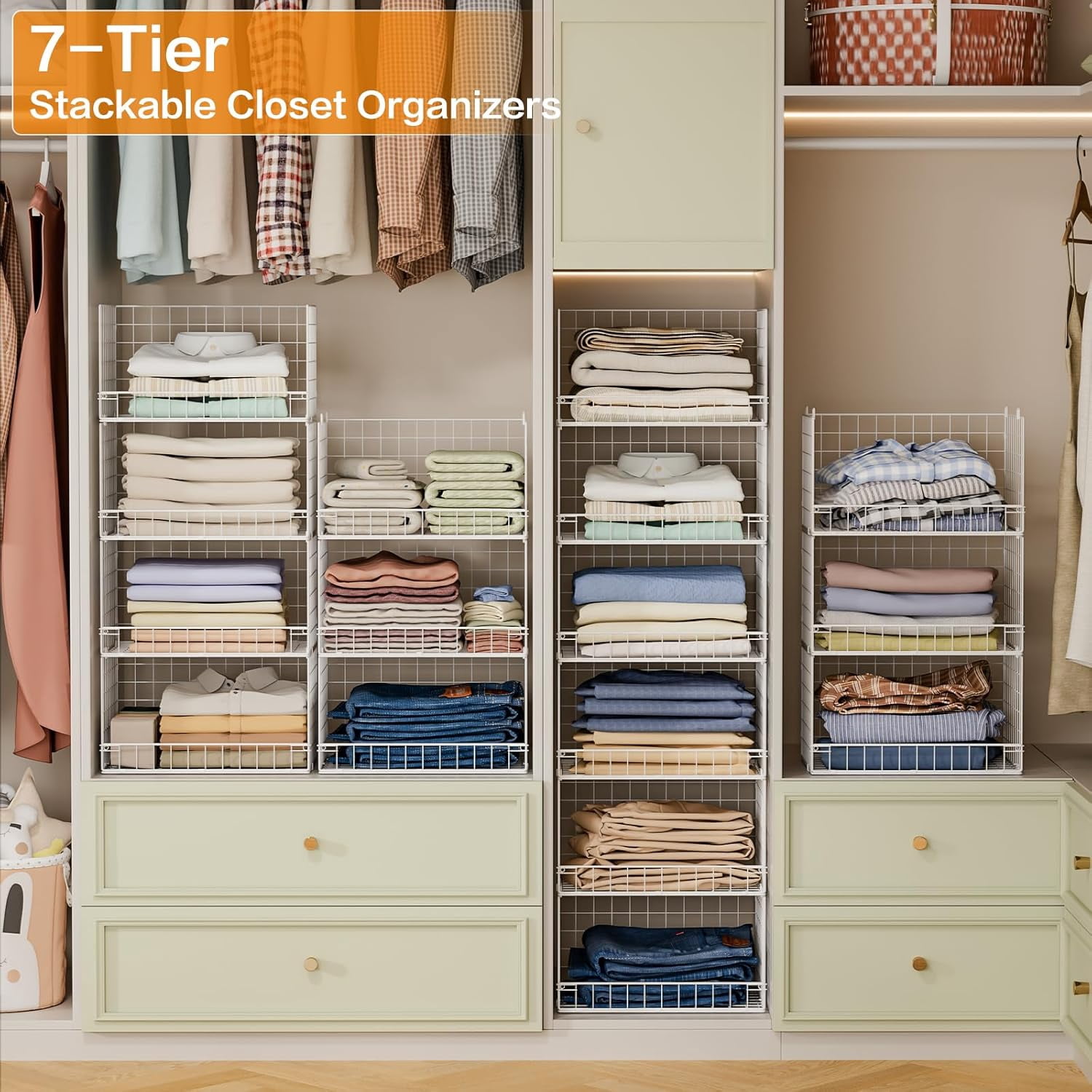7-Tier Stackable Closet Organizers and Storage Shelves, Foldable Closet ...