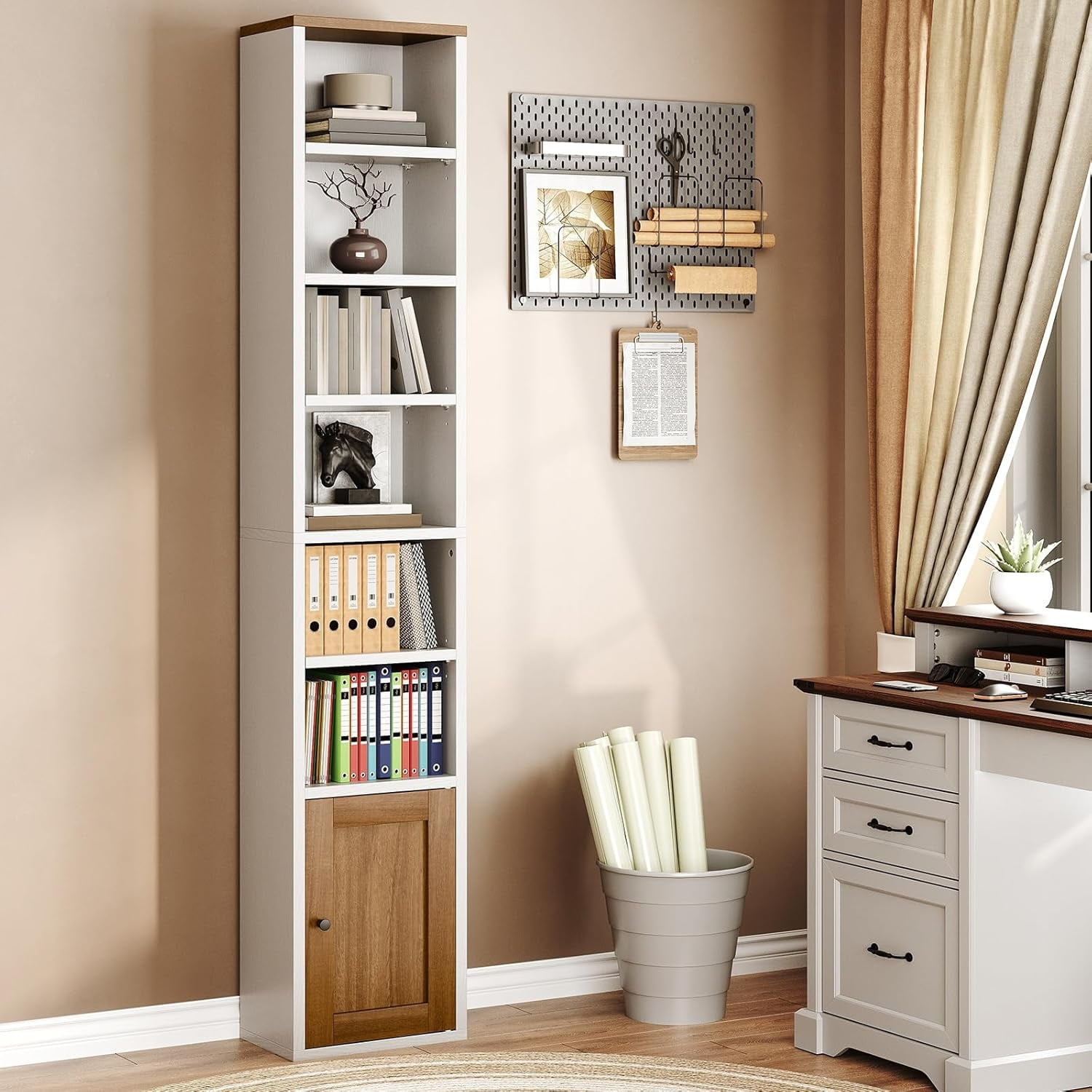 7-Tier Tall Narrow Bookshelf with Door, 71 Inches CD DVD Slim Media ...