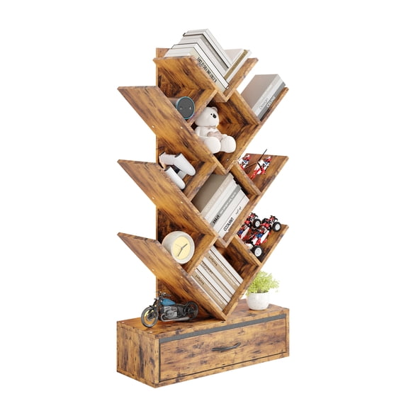 7-Tier Tree Bookshelf with LED Lights, Narrow Vertical Floor Bookcase ...
