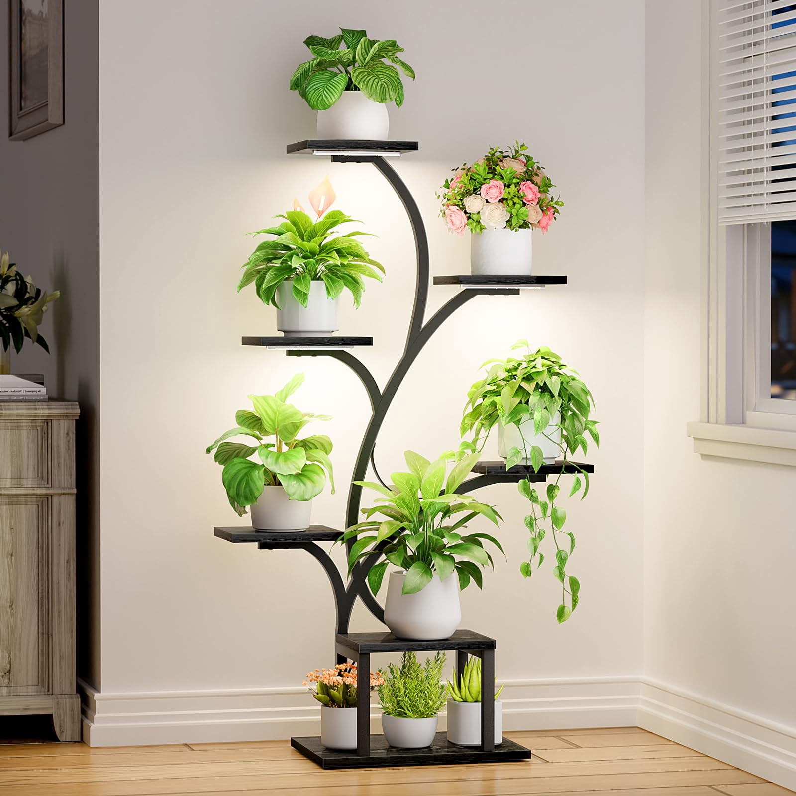 7-Tier Tree-Shaped Metal Plant Stand with Grow Lights, 49" Brown Corner ...
