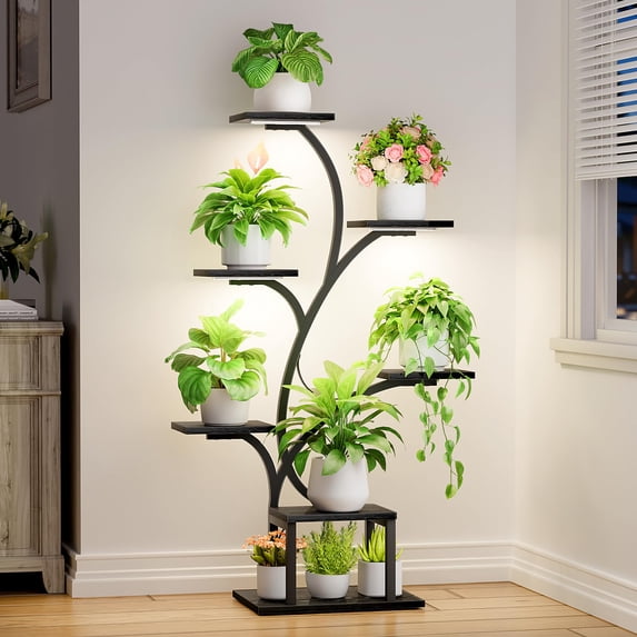7-Tier Tree-Shaped Metal Plant Stand with Grow Lights, 49" Brown Corner ...