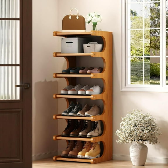 7-Tier Vertical Shoe Rack, Bamboo Free Standing Shoe Rack Shelf, Shoe Storage Stand, Entryway ...