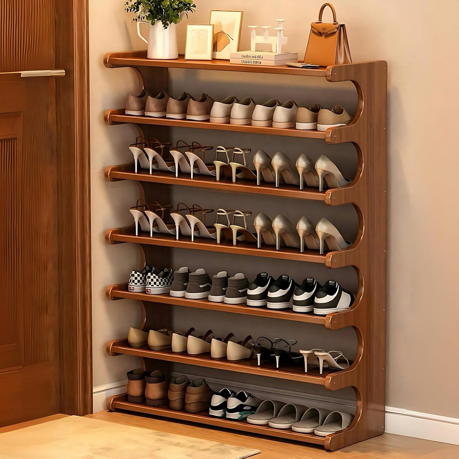 7-Tier Vertical Shoe Rack, Bamboo Free Standing Shoe Rack Shelf, Shoe ...