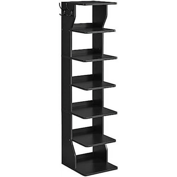 7-Tier Vertical Shoe Rack, Narrow Shoe Storage Organizer with Hooks ...