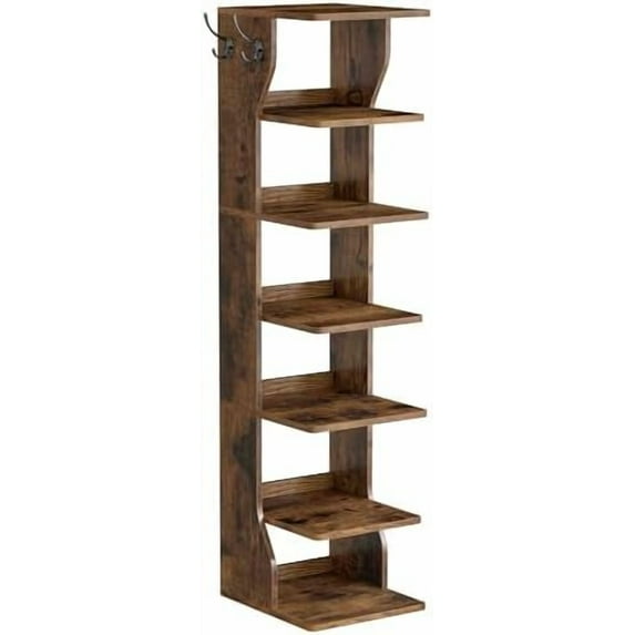 7-Tier Vertical Shoe Rack, Narrow Shoe Storage Organizer with Hooks ...