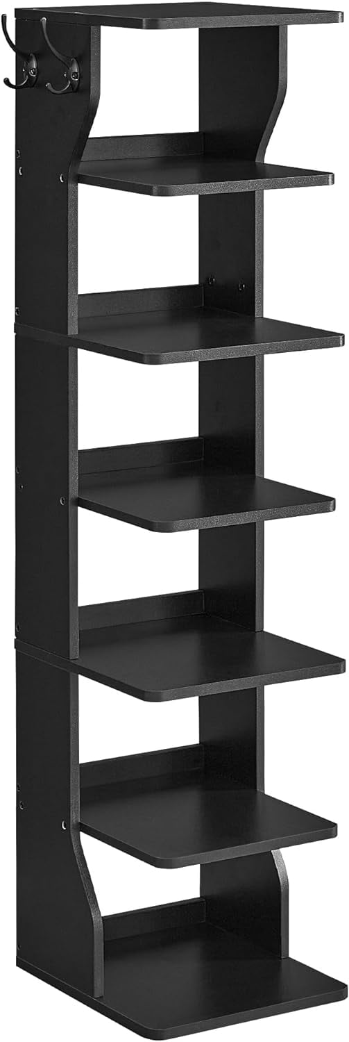 7-Tier Vertical Shoe Rack, Narrow Shoe Storage Organizer with Hooks ...